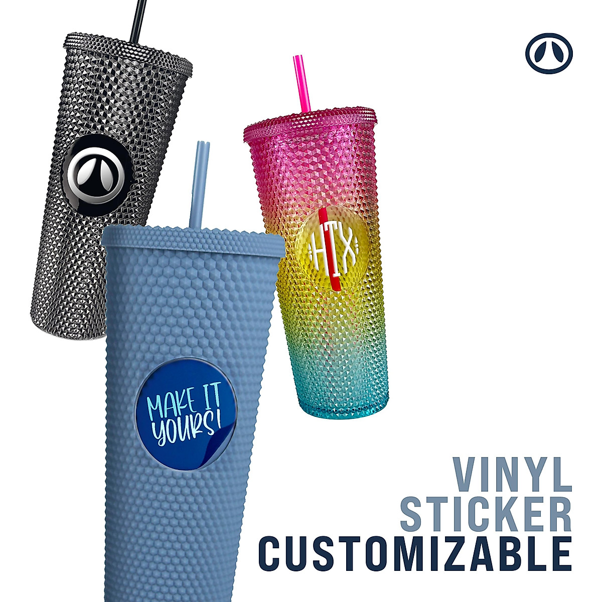 Hogg 24oz Studded Tumbler - Grey, Iced Coffee Cups with Lids Reusable, 24 oz Tumbler with Lid and Straw, Venti Reusable Iced Coffee Cup, Bling Cup, DIY Circle for Vinyl or Stickers, Grey Tumbler