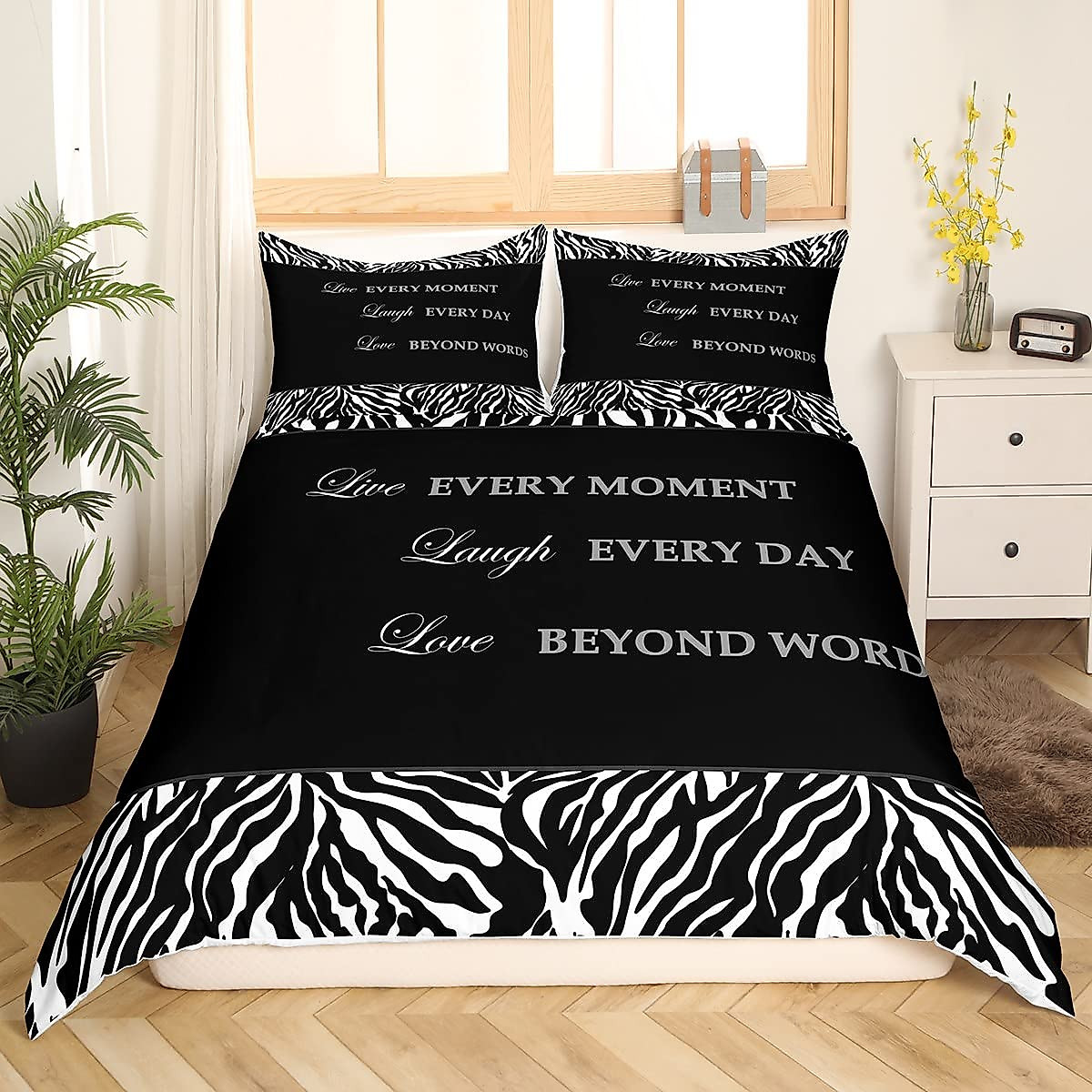 Castle Fairy Zebra Skin Printed Bedding Set,Black and White Comforter Cover Set for Teens Women Room Decor,Live Laugh Love Duvet Cover Breathable Animals Stripes Bedspread Cover Full Size