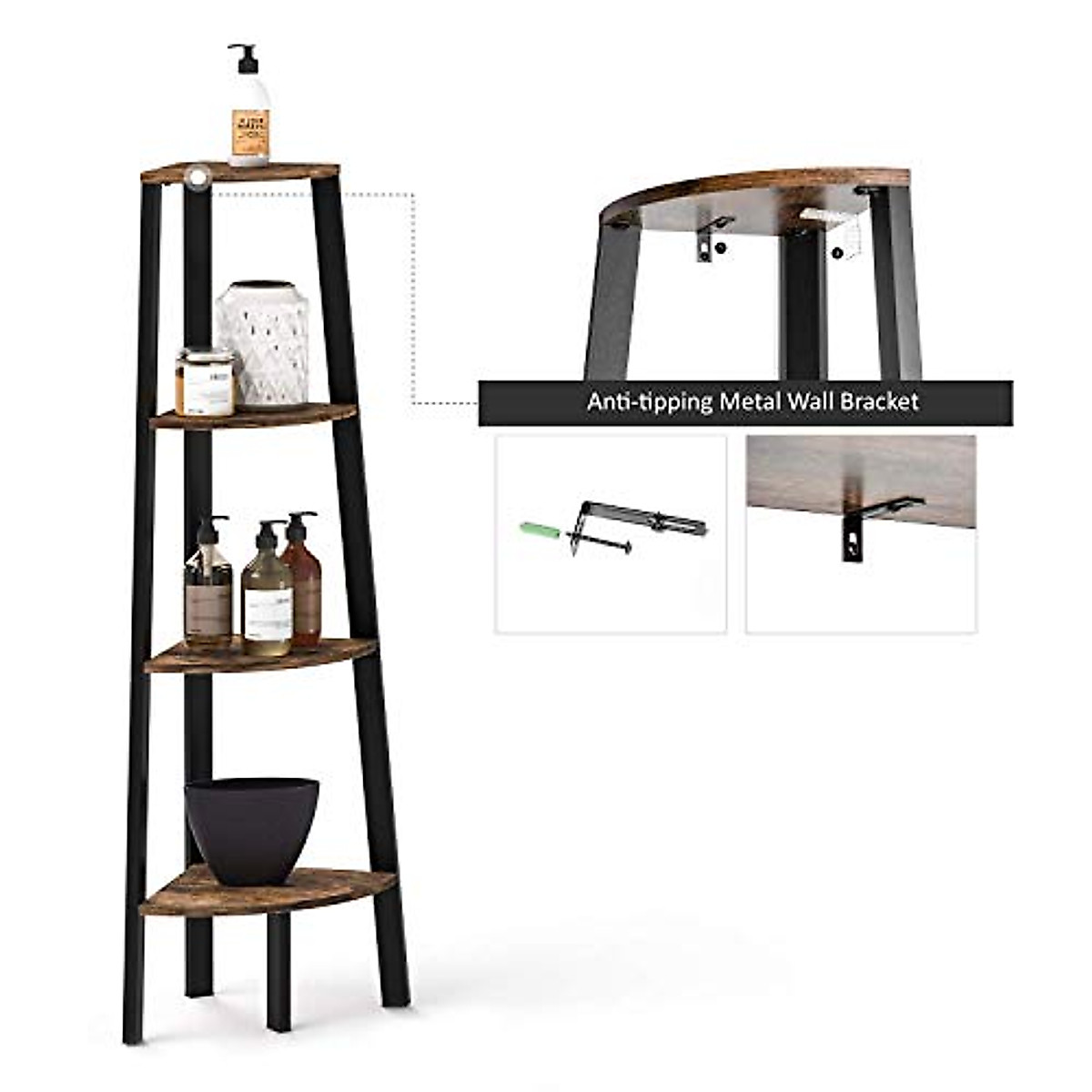 Ballucci Modern Corner Ladder Shelf, 4-Tier Corner Bookshelf Storage Rack & Plant Stand, Wood with Metal Frame - Rustic Brown