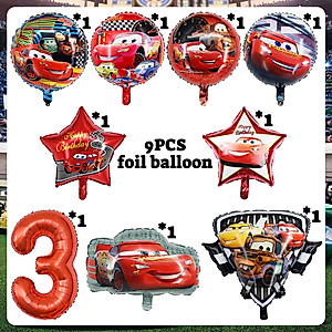 Cars Birthday Party Supplies - 9pcs Cars Lightning McQueen Foil Balloons for Kids 3rd Birthday Party Decorations (3rd)