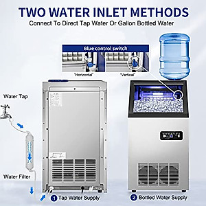 Commercial Ice Maker Machine 120Lbs/24H with 35Lbs Ice Capacity, 45Pcs Clear Ice Cubes Ready in 11-20Mins, Stainless Steel Under Counter Freestanding Large Ice Machine, 2 Water Inlet Modes
