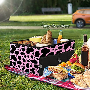 Car Trunk Organizer Pink And Black Cow Print Spot Car Back Seat Large Storage Organizer with 3 Divider Compartments Collapsible Trunk Cargo Organizer Groceries Tote for SUV Truck Camping Picnic