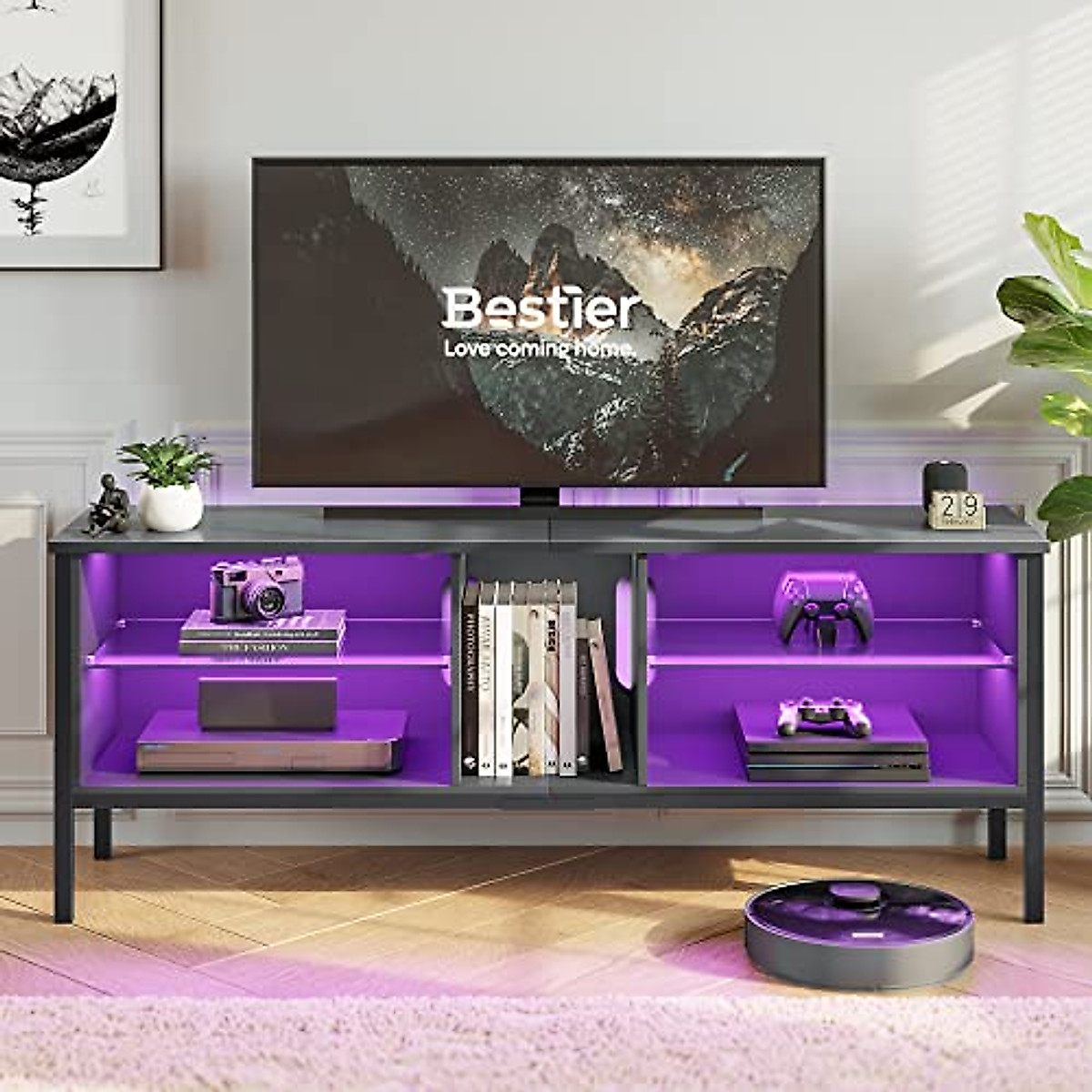 Bestier Entertainment Center, Gaming TV Stand for 70 TV inch, TV Media Console with Modern Glass Shelves, Grey