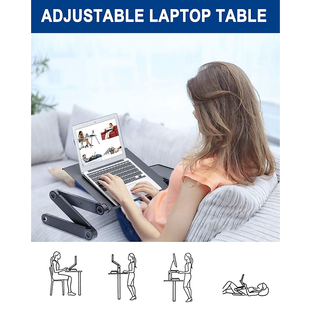 RAINBEAN Adjustable Laptop Desk, Laptop Stand for Bed Portable Lap Desk Foldable Table Workstation Notebook Riser with Mouse Pad, Ergonomic Computer Tray Reading Holder Bed Tray Standing Desk