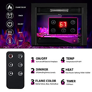 COSTWAY 28.5-Inch Electric Fireplace Inserts, 750W/1500W Wall Recessed and Freestanding Fireplace with 3 Flame Colors, 5 Brightness Settings, 8H Timer, Remote Control, Fireplace Heater for Indoor Use
