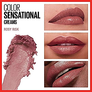 Maybelline Color Sensational Lipstick, Lip Makeup, Cream Finish, Hydrating Lipstick, Nude, Pink, Red, Plum Lip Color, Rosy Risk, 0.15 oz; (Packaging May Vary)