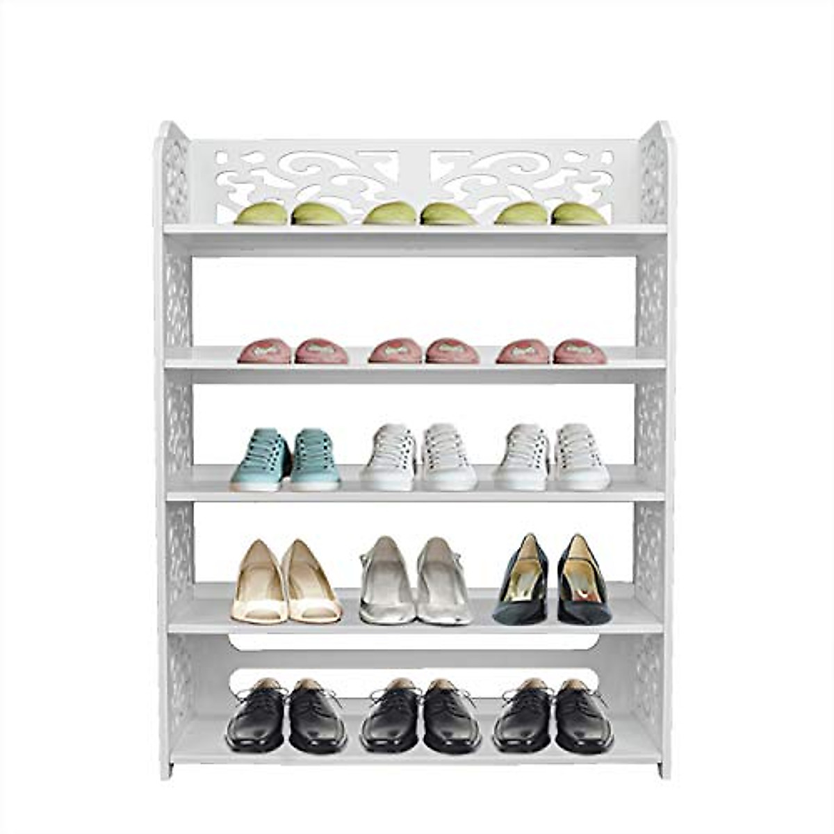 LeeMas White Wood Plastic Shoe Cabinet Carved Shoe Rack White Chic Hollow Shoe Tower Baroque Free Standing Shoes Storage Organizer Closet Shelves Holder Container (24.41 x 9.45 x 31.5), 5 Tiers