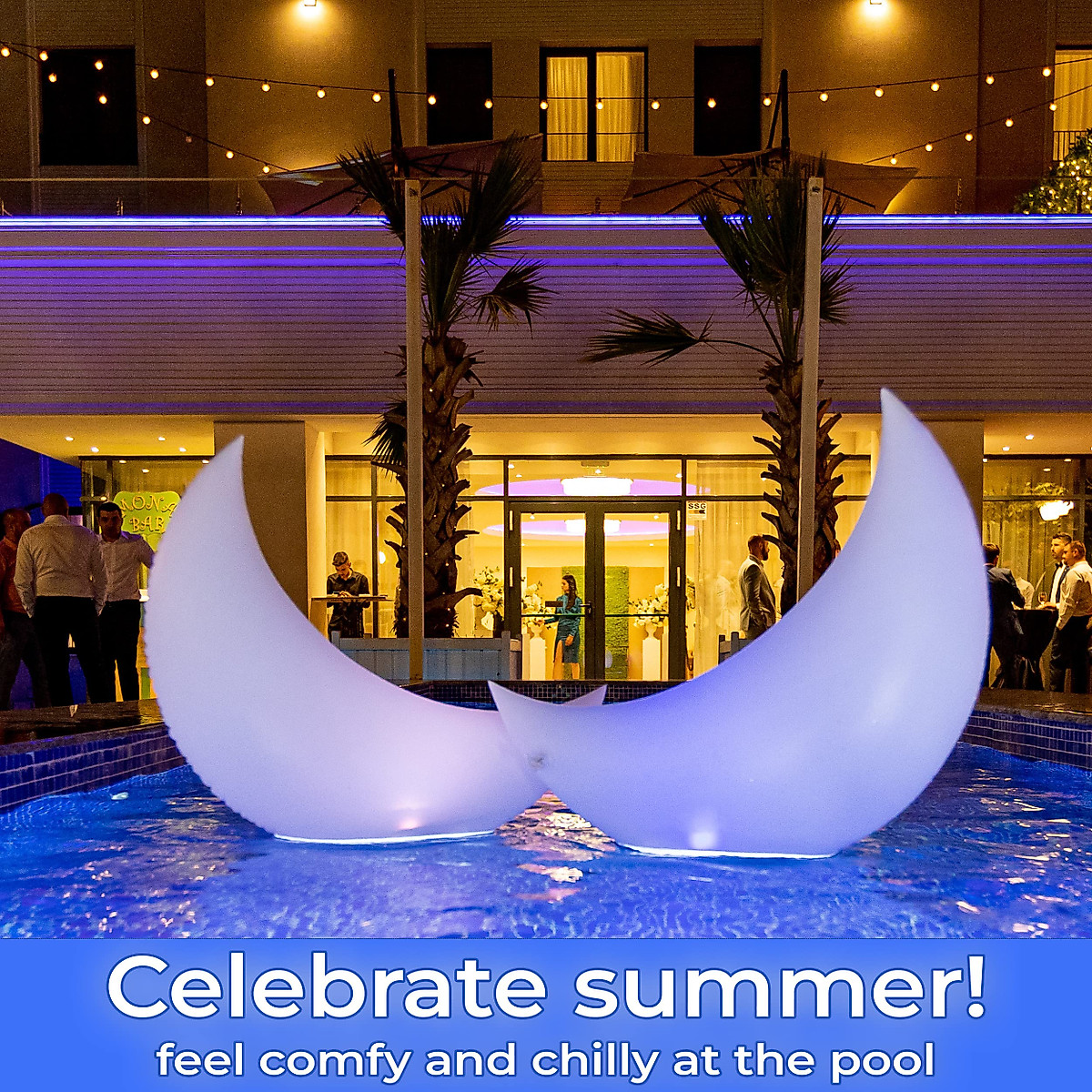 TIALLY Floating Pool Lights Solar Powered - 24" Crescent Moon Floating Lights - Inflatable Floating Solar Pool Lights for Swimming Pool, LED Pool Lights for Weddings, Pool Party Decor (2 Pack)