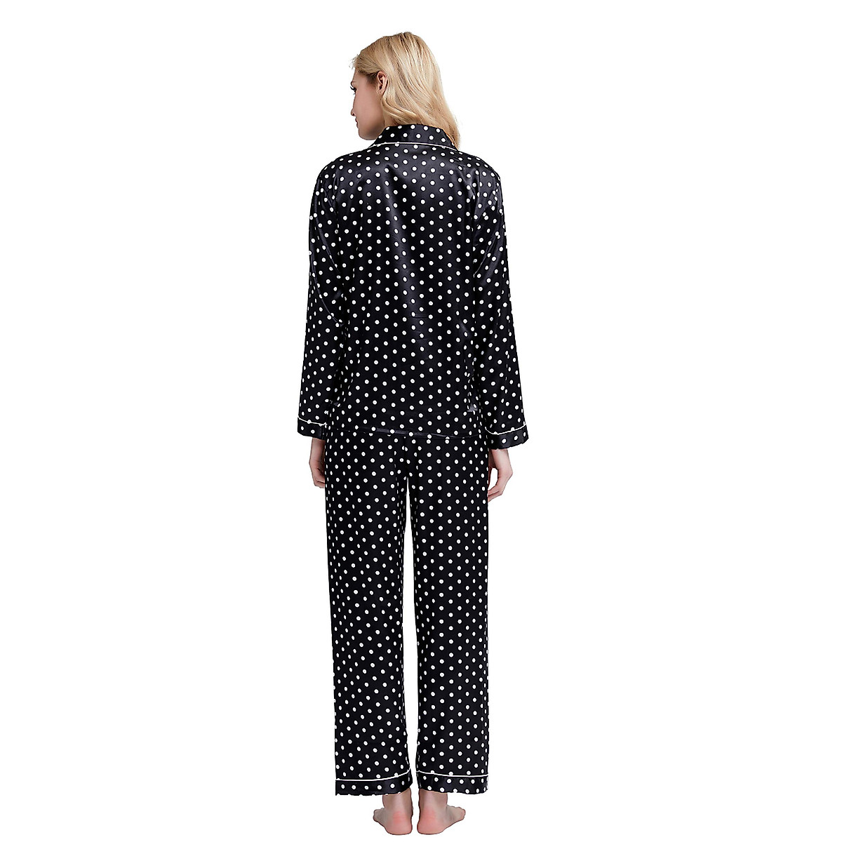 Women's Classic Satin Pajama Set Sleepwear Loungewear (Black and White Polka Dot, Large)