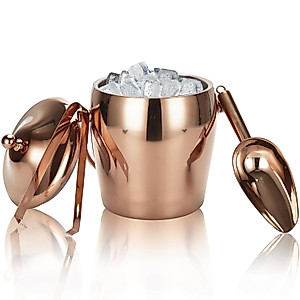 Ice Bucket Champagne Bucket with Tongs Scoop Lid, Double Wall Wine Bar Freezer Ice Bucket with Stand&Carrying Handle, Stainless Steel Mirror Bucket Champagne Bucket for Parties Bar Home,2L(Rose gold)