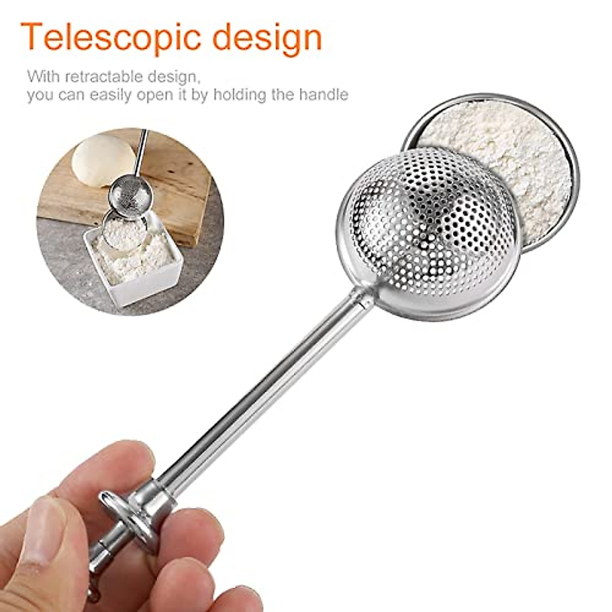 Walbest Flour Duster, 304 Stainless Steel Retractable Sugar Duster Powder Shaker Matcha Powder Spices Sieve Baking Sifter Tool Duster Silver