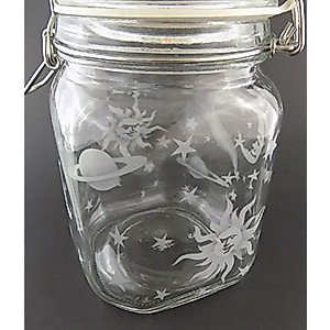 IncisoArt Hand Etched Glass Jar Airtight Canister Sandblasted (Sand Carved) Handmade Engraved Locking Wire Clamp Lid (Sun Moon Stars Planets, 38 Ounce)