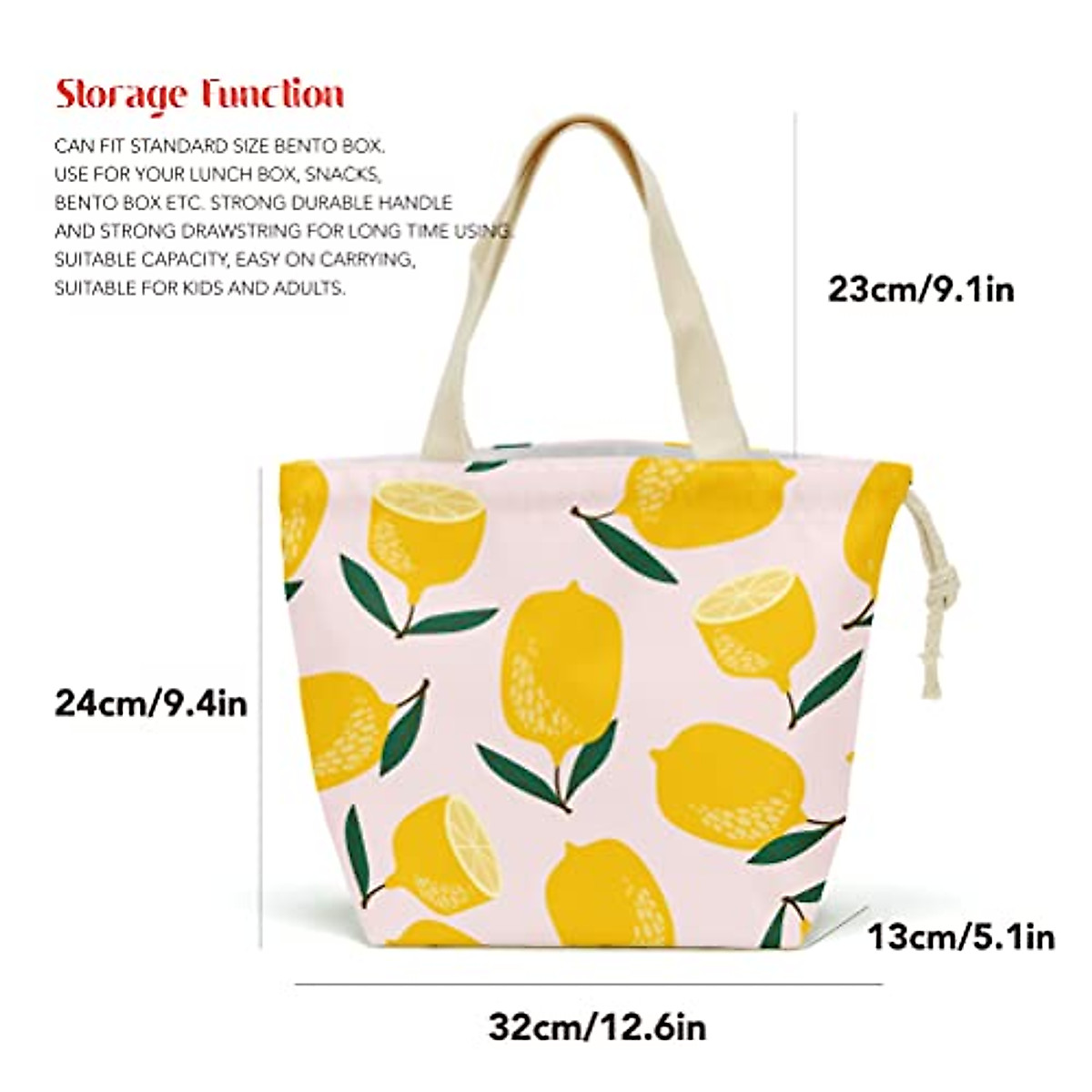 Pykfrhh Lunch Bag Women, Lunch Tote, Reusable, Waterproof, Drawstring Lunch Bag Box for, Adults, Women, Picnic, Work, Beach, Travel, Fruit Strawberry Lemon Orange Decor