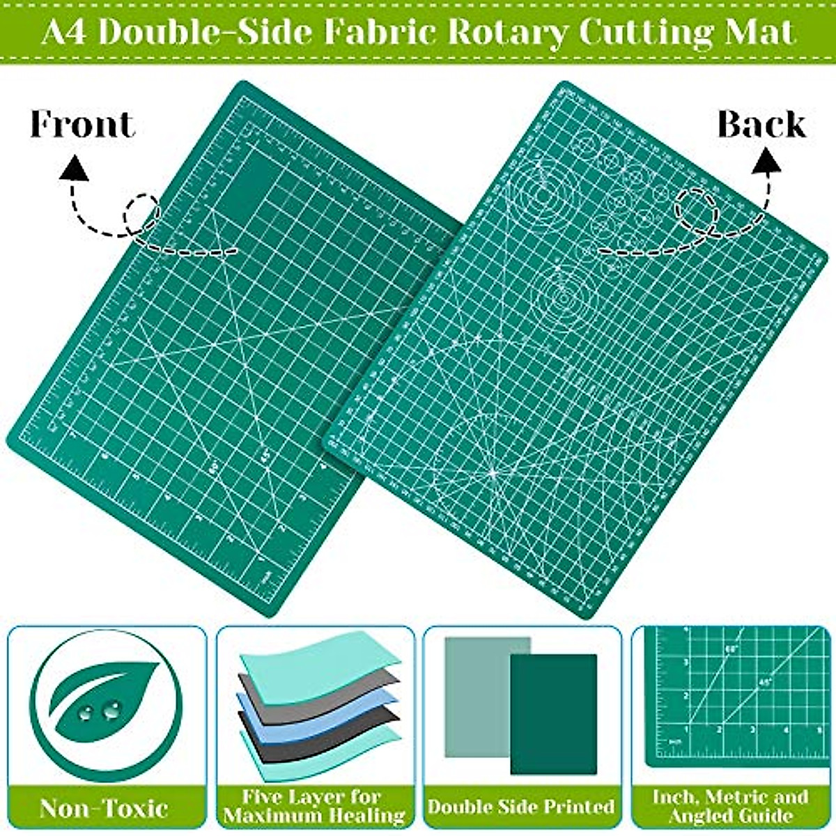 Rotary Cutter Set, Audab Self Healing Sewing Mats Rotary Cutter and Mat 45mm Rotary Fabric Cutter Set with 2 Blades Rotary Cutting Mat for Crafts Fabric Quilting Hobby (9" x 12" (A4))
