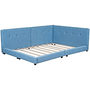 Merax Modern Upholstered Queen Size Platform Bed with USB Ports/Wood Slat Support/Queen,Blue