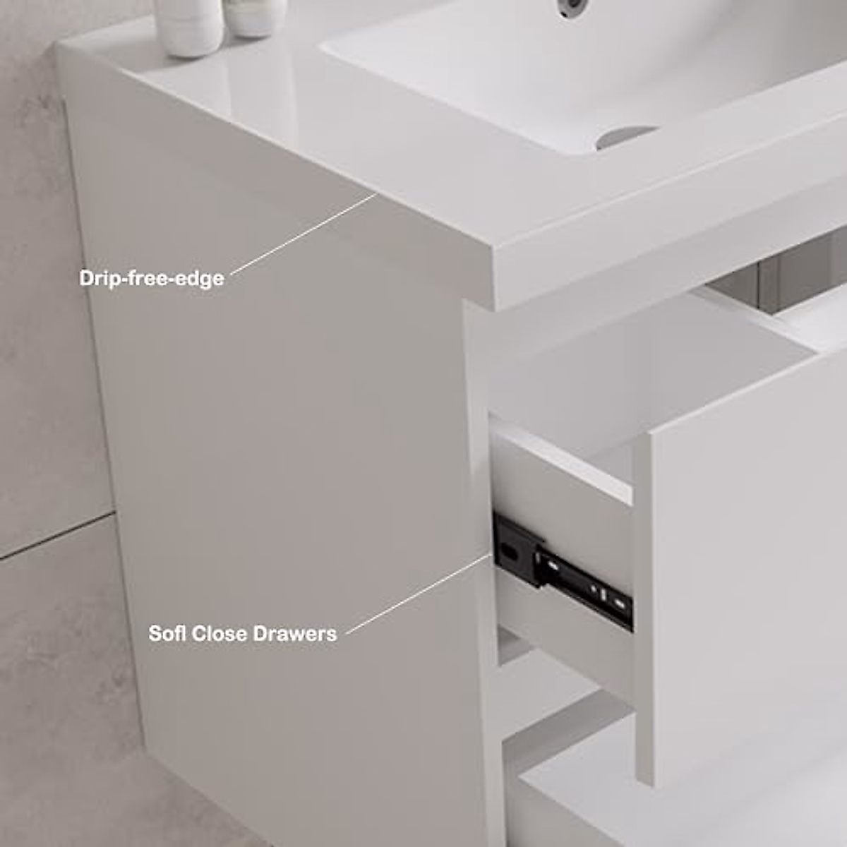 JPND 30" Bathroom Vanity with Sink Combo, Wall Mounted Vanity Base Cabinet with Single Hole Sink and Two Soft Close Drawers, Handle-Free Design, White (Faucet and Drain not Included)
