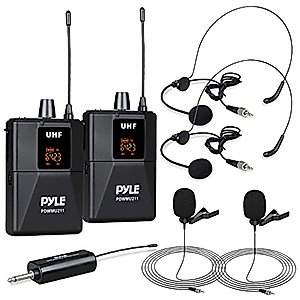 Pyle Dual UHF Microphone System - Portable Professional Cordless Microphone Set Wireless Mic Kit w/Headset / Lavalier Mic, Beltpack Transmitter, Receiver - Karaoke & Conference - Pyle PDWMU211,Black