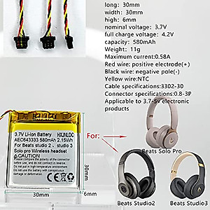 DC 3.7V 580mAh AEC643333 Rechargeable li-ion Polymer Battery for Beats Studio 2、Studio 3、Solo pro Wireless Headset Headphones Battery Replacement