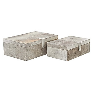 Deco 79 Leather Handmade Box with Hinged Lid, Set of 2 17", 14"W, Gray