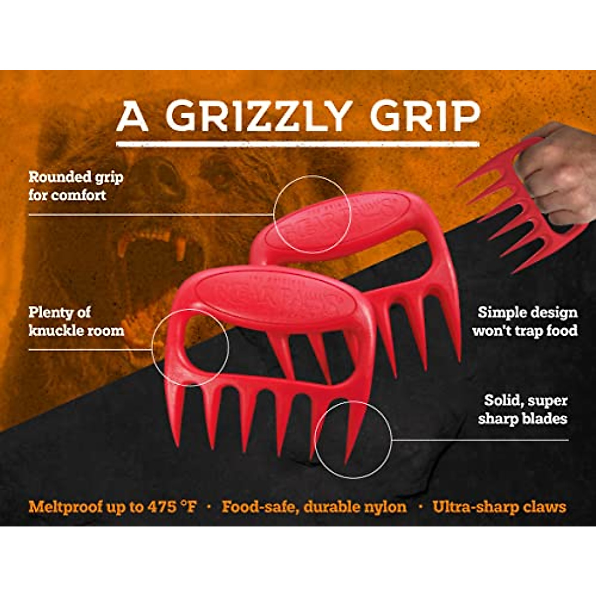 Bear Paws Meat Claws - The Original Meat Shredder Claws, USA Made - Easily Lift, Shred, Pull and Serve Meats - Ultra-Sharp, Ideal Meat Claws for Shredding Pulled Pork, Chicken, Beef and Turkey - Red