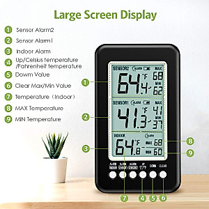 KeeKit Refrigerator Thermometer, Wireless Indoor Outdoor Thermometer with 2 Sensors, Digital Fridge Thermometer with Audible Alarm, Temperature Gauge for Freezer, Restaurants, Bars