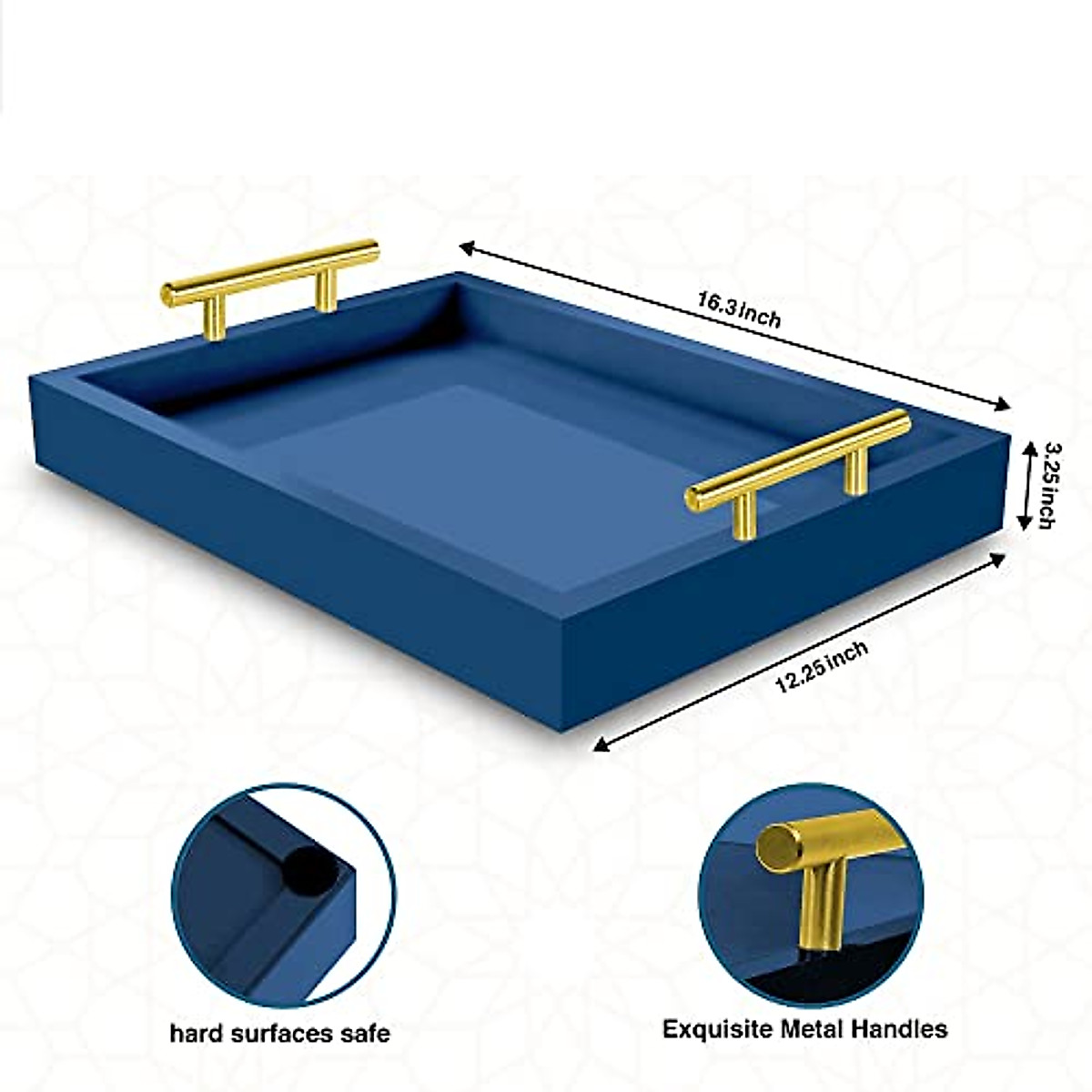 JollyCaper - Coffee Table Tray - with Metal Handles for Serving, Home Decor, Bathroom, Ottoman Design, Wooden Tray 16x12in (Navy Blue)