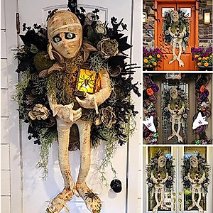 20" Halloween Wreath, Summer Fall Halloween Wreaths for Front Door, Halloween Decorations for All Seasons Wall Home Outdoor Indoor with Rose Spiders and Lanterns Sign, Black and White Decor