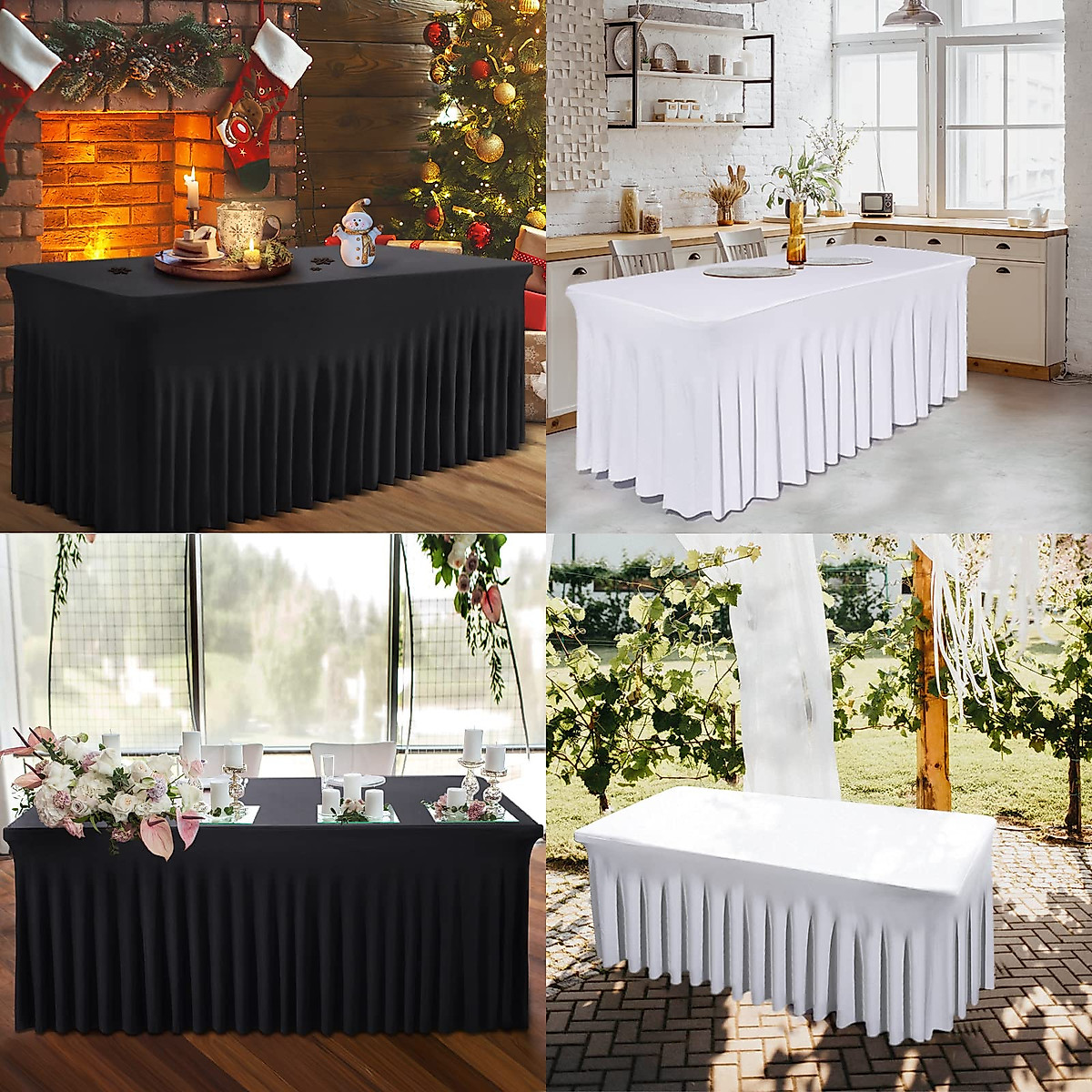 BDDC Table Skirts for Rectangle Tables 6ft - One-Piece Black Table Covers for 6 Foot Tables, Wrinkle Resistant Ruffles Elastic Table Cover and Table Skirt for Banquets, Weddings, Parties