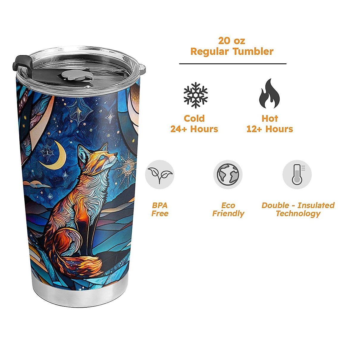 20oz Starry Moonlight Night Fox Tumbler, Gifts for Fox Lovers, Coffee Thermos for Women, Stainless Steel Double Wall Vacuum Insulated Coffee Mug, Travel Cup with Lid