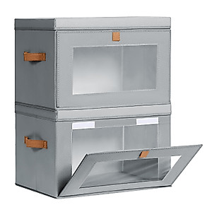Homsorout Large Closet Organizer Bins- Collapsible Storage Bins with Handles & Window, Decorative Storage Boxes with Lids, Fabric Storage Containers for Living Room, Dorm, 2 Pack, Grey