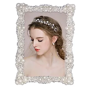 4x6 Pearl Picture Frame with Crystal for Wedding, Silver Plated with High Definition Glass Photo Frames with Rhinestones Horizontal and Vertical Decor Tabletop Display (Real Glass)