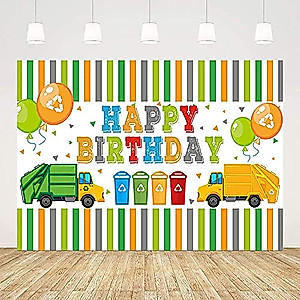 ABLIN 7x5ft Garbage Truck Boys Happy Birthday Backdrop Waste Management Colorful Stripe Green Yellow Rubbish Truck Trash Can Background Party Decorations Cake Table Banner Props, Clear