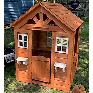 Wooden Playhouse for Age 3-6 Years Boy Girl, Outdoor Cottage Playhouse with Door, 2 Windows, 3 Serving Station, Shelf & Flowerpot Holder, Outdoor Garden Lawn Patio Yard Cottage for 3-6 Age Boy Girl.