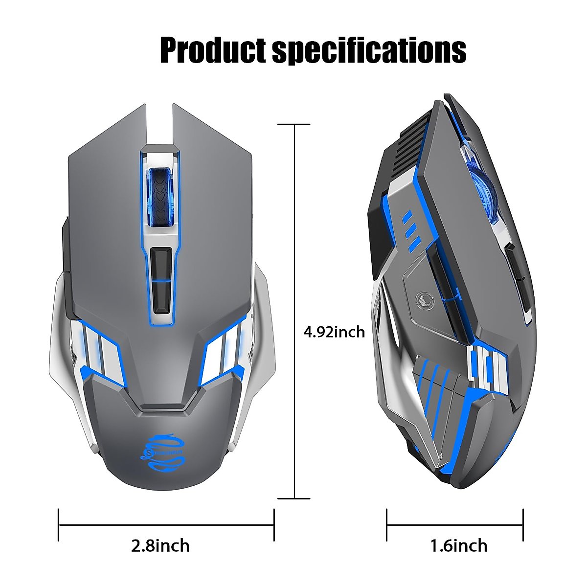 SHUNJINRUN Bluetooth Mouse, Rechargeable Wireless Mouse with 7 Buttons, RGB, 3 Modes, Ergonomic Computer Mouse for Laptop, Mac, PC, Chromebook, iPad, Tablet etc. - Gray