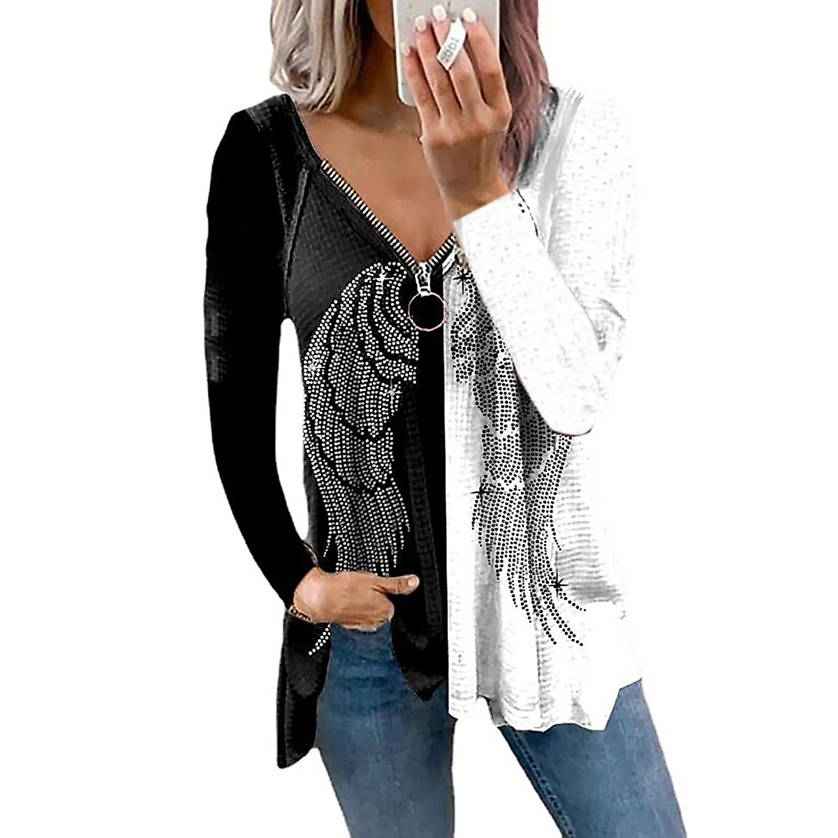 Janepam Womens Tops Shirt Wing Graphic Pattern Print Ethnic Boho Patchwork Long Sleeve Plus Size V-Neck Zipper Loose Blouse(B Black White1,5XL)