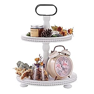 Urban Deco Wooden Decorative Tray Two Tiered Tray Decorations Round Serving Tray with Metal Handle, Wooden Cupcake Stand for Party Tiered Dessert Stand - Retro White Farmhouse Wooden Tray