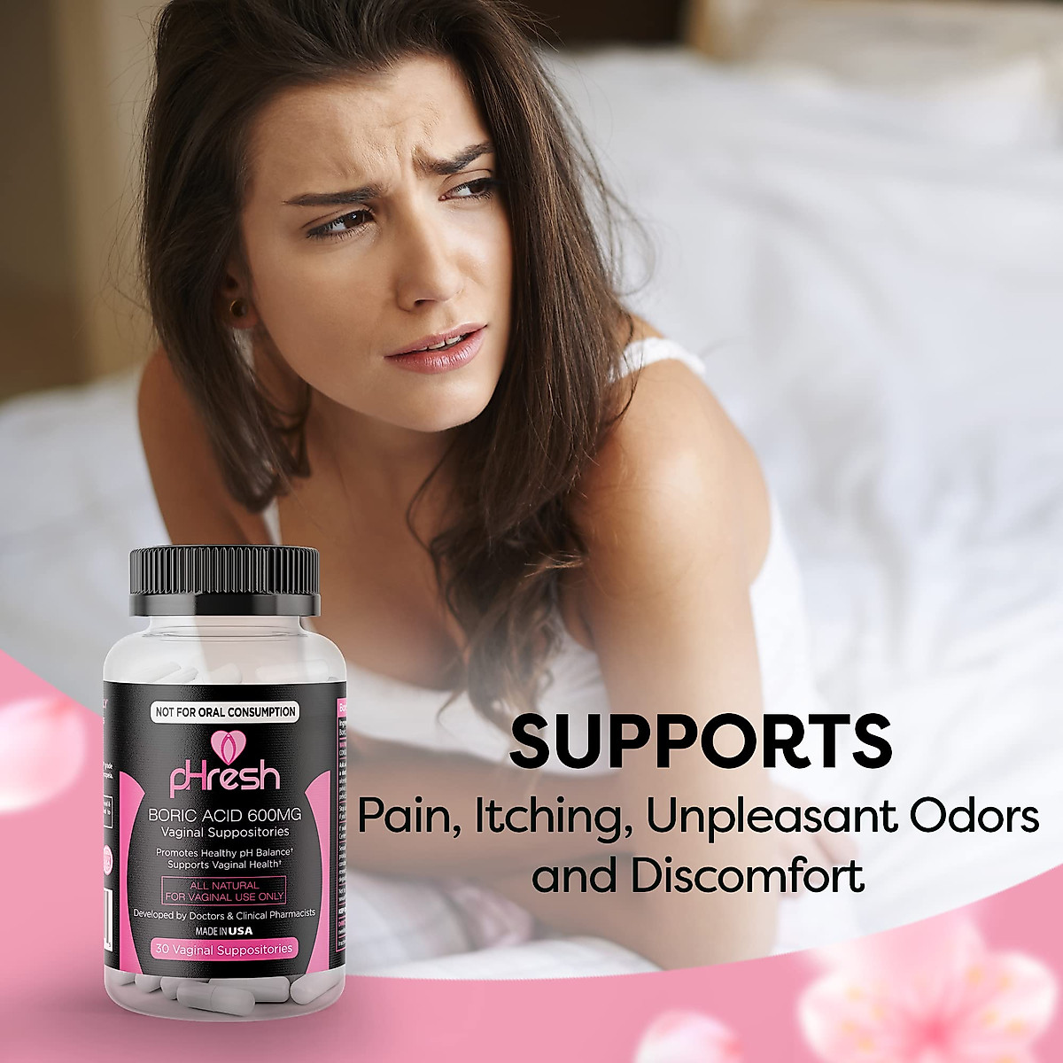 ACE NUTRITION pHresh Boric Acid Suppositories for Women, Suppositories for Odor Use, Natural Feminine Care Supports Vaginal Health & Promotes Healthy pH Balance - Made in USA