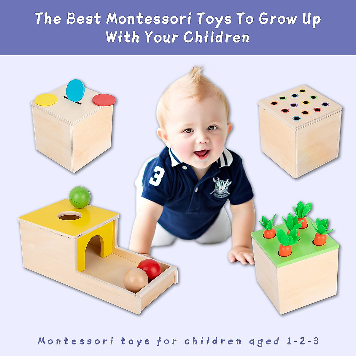 Adena Montessori 4 in 1 Wooden Play Kit Baby Toys,Object Permanence Box,Matchstick Color Drop Game,Carrot Harvest and Coin Box,Ball Drop Toy for Kid 1,2,3 Year Old,Girl Boy Gift for Baby 6-12 Month