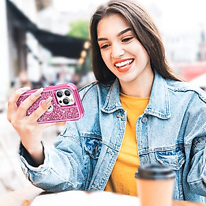 Hython Case for iPhone 13 Pro Max Case Glitter, Cute Shiny Bling Sparkle Cover, Heavy Duty 3 in 1 Hybrid Hard PC Soft TPU Bumper Full Body Shockproof Protective Phone Cases for Women Girls, Rose Red