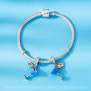 Sterling Silver Cocktail Drink Charm, Martini Glass Charm Summer Beach Theme, Fruit Lemon Dangle Charm with Cubic Zirconia for Women Pandora Style Bracelets