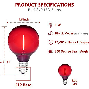 GUILEDUO 15 Pack G40 Red Light Bulb LED Christmas Replacement Bulbs, 1 Watt E12/C7 Candelabra Base Globe Light Bulbs for Outdoor String Lights, Shatterproof Plastic Clear Night Light Bulbs, 120 Volt