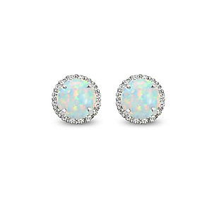 Opal Earrings for Women Sterling Silver 6mm Round Halo Synthetic Opals Stud Earrings