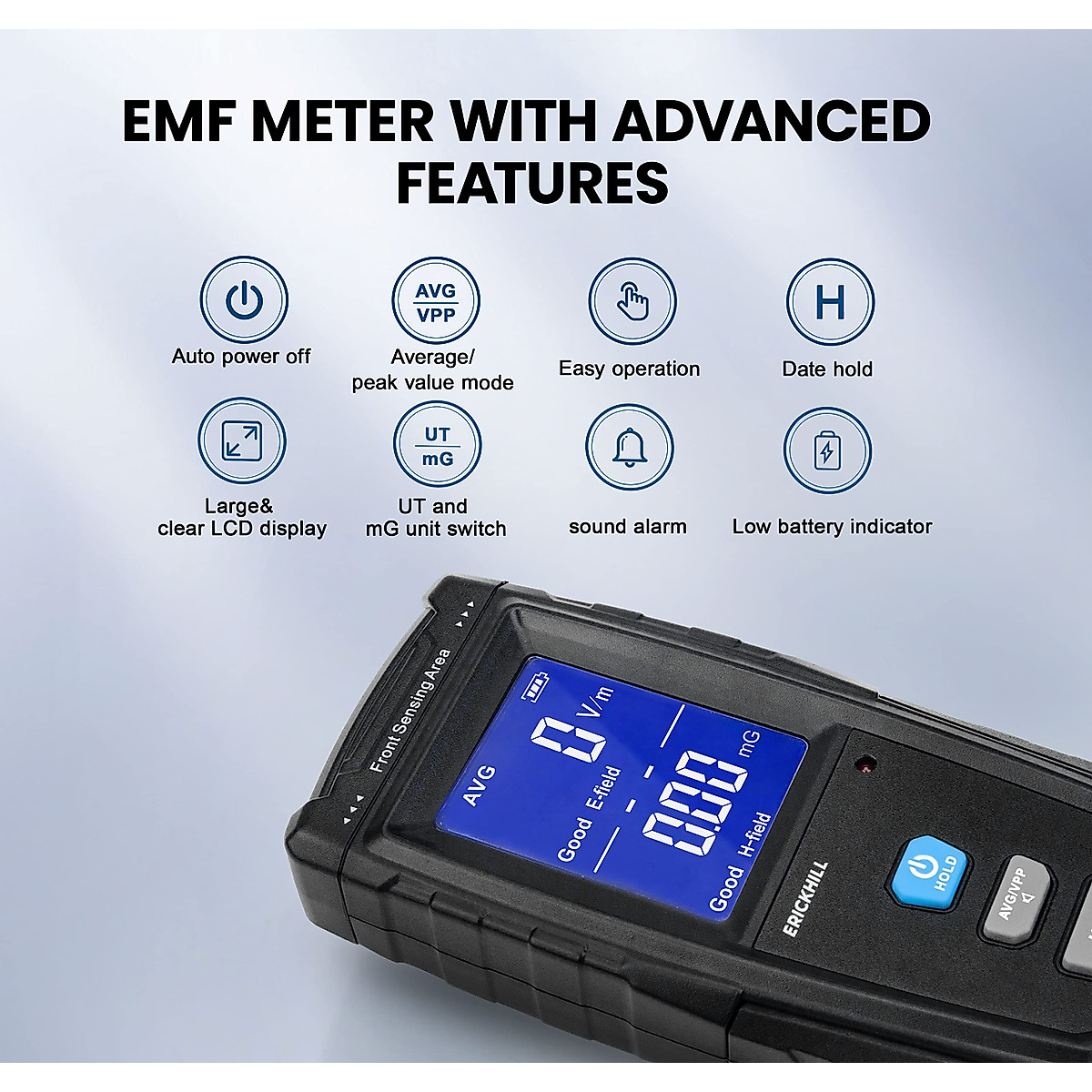 ERICKHILL EMF Meter Rechargeable Digital Electromagnetic Field Radiation Detector with LCD Hand-held Tester, Ghost Hunting EMF Detector for EMF Inspections, Office, Home, and Outdoor