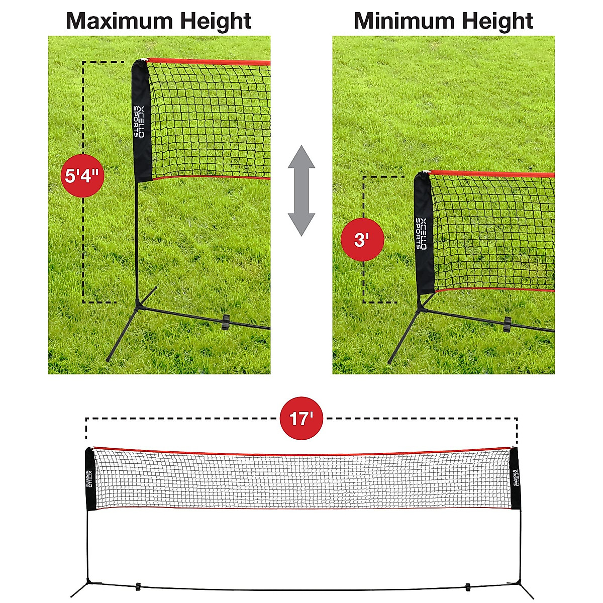 Xcello Sports Complete Badminton Racket Set - Includes 17-Foot Foldable Net, 4 Rackets, 6 Shuttlecocks, and Carry Bag