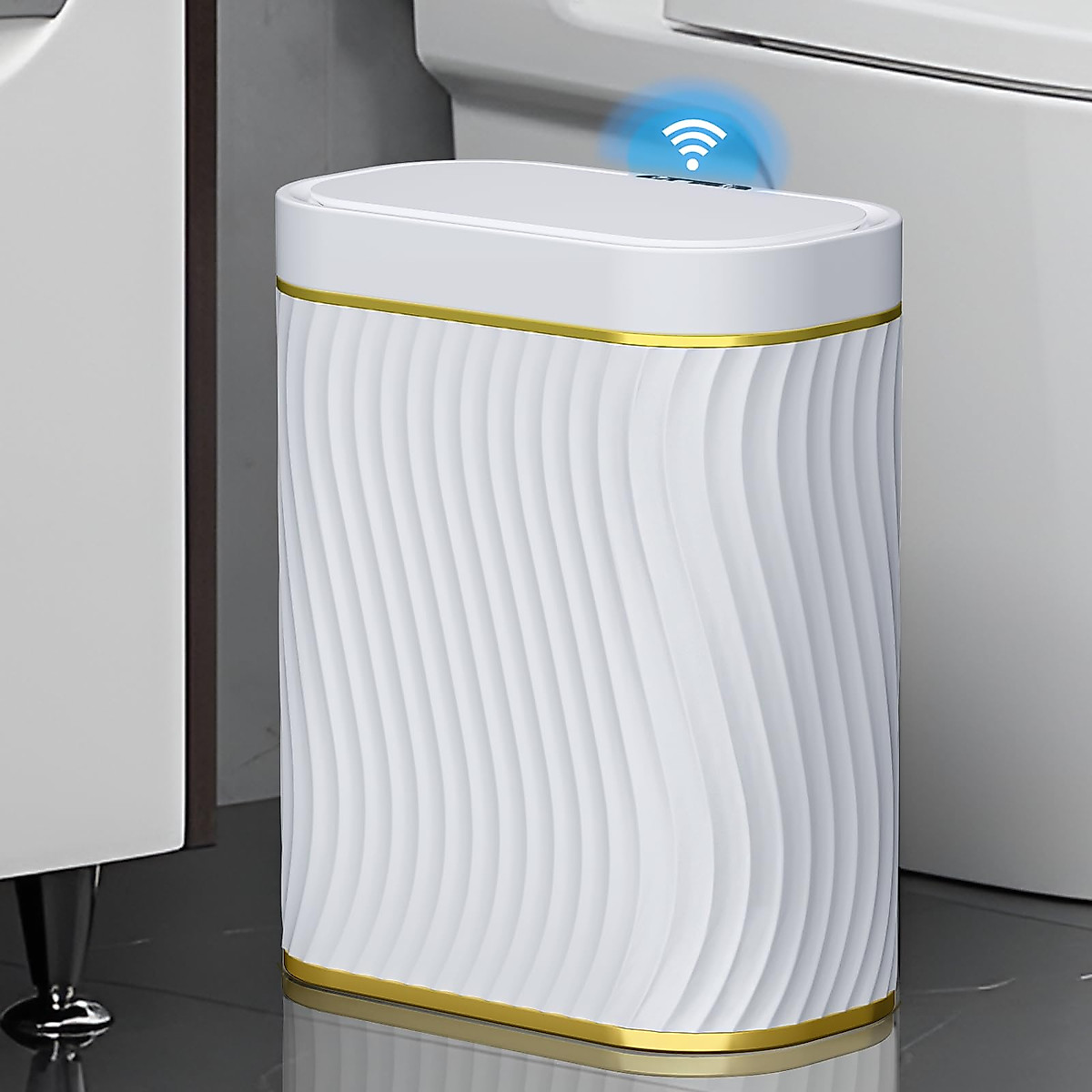 steo spce Bathroom Small Trash Can with Automatic Touchless Lid, 2.6 Gallon Smart Garbage Can Narrow Waterproof Trash Bin for Bedroom, Office, Living Room-Glod White