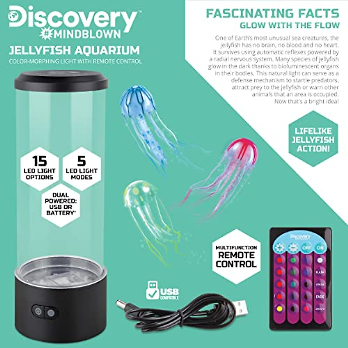 Discovery #Mindblown Jellyfish Aquarium Color-Morphing Lamp with 15 Light Options and Remote Control, Educational Biology Themed Bedroom Light for Kids & Adults Ages 8 and Up