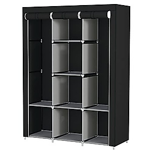 GHQME Fabric Wardrobe Portable Clothes Closet Storage Organizer with Compartments and Rods (Black Without Drawer, 49.2” x 17.3” x 63.8”)