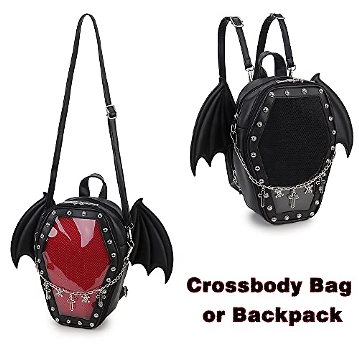 ENJOININ Gothic Coffin Shape Purses and Handbags for Women Halloween Shoulder Bag Ita Purse Backpack with Wings 2 Way