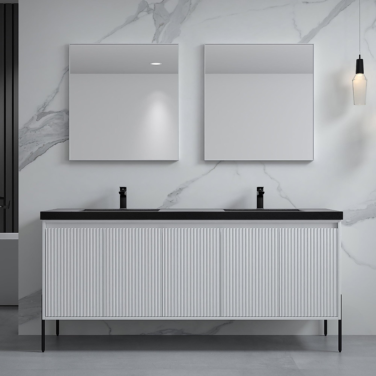 Dowell 72“ Fluted Design Vanity Set – Modern Bathroom Cabinet with Soft-Close Door & Shelf.Glossy White- 002 72 21V/7322BPBL