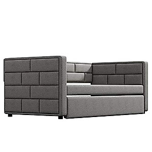 YILIBO Wood Bed Twin Size Trundle, Upholstered Daybed with Padded Back, Space-Saving Design, Built-in Solid Slat Support for Kids Teens Bedroom, No Box Spring Needed, Grey